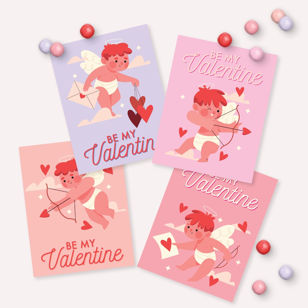 Cupid Valentine Cards - Printable Pink & Purple Cherub and Arrow Kids ...
