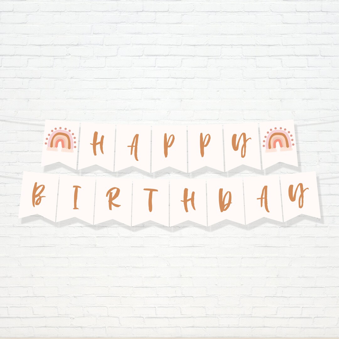 Boho Rainbow Happy Birthday Party Banner - Printable Bohemian Rainbow ...