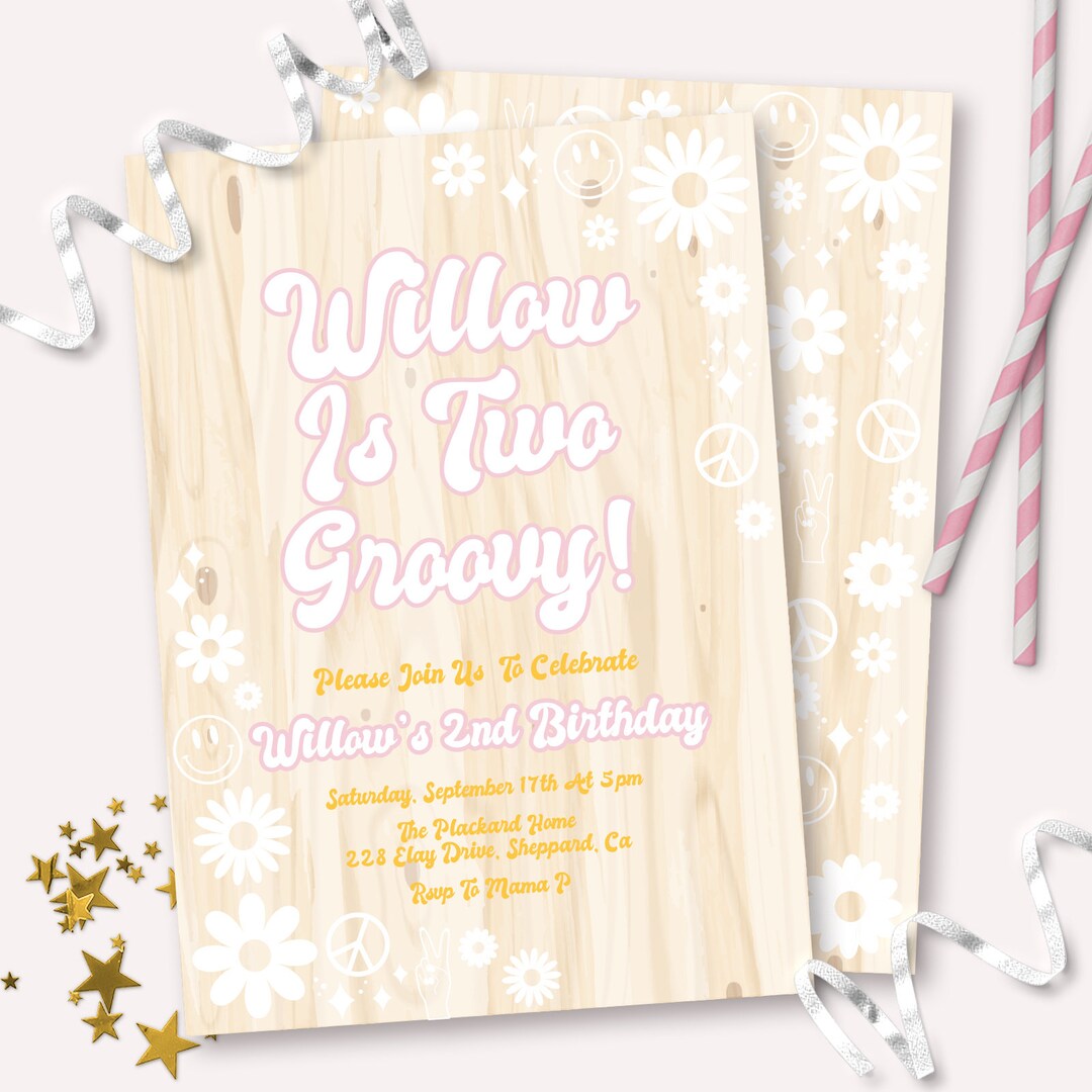 Two Groovy Party Invitation - Printable Boho Daisy Retro Seventies 2nd ...