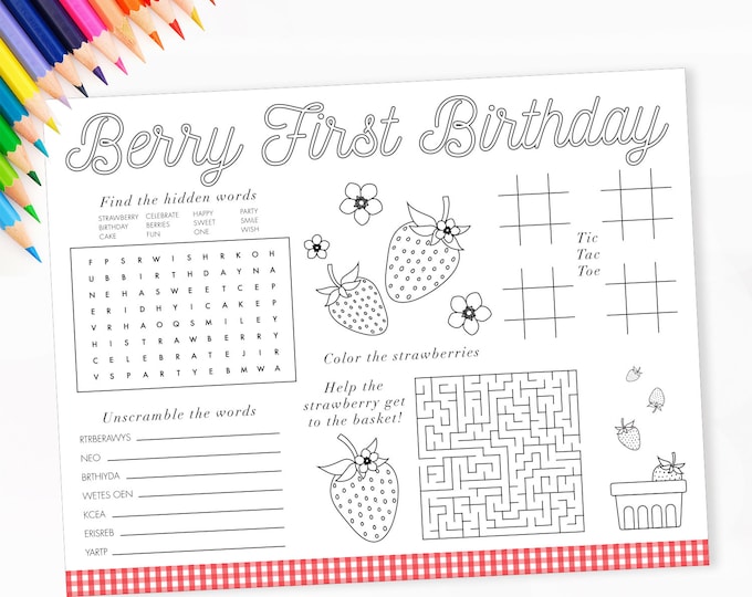 Strawberry Activity Page Printable Berry Sweet First Birthday Party ...