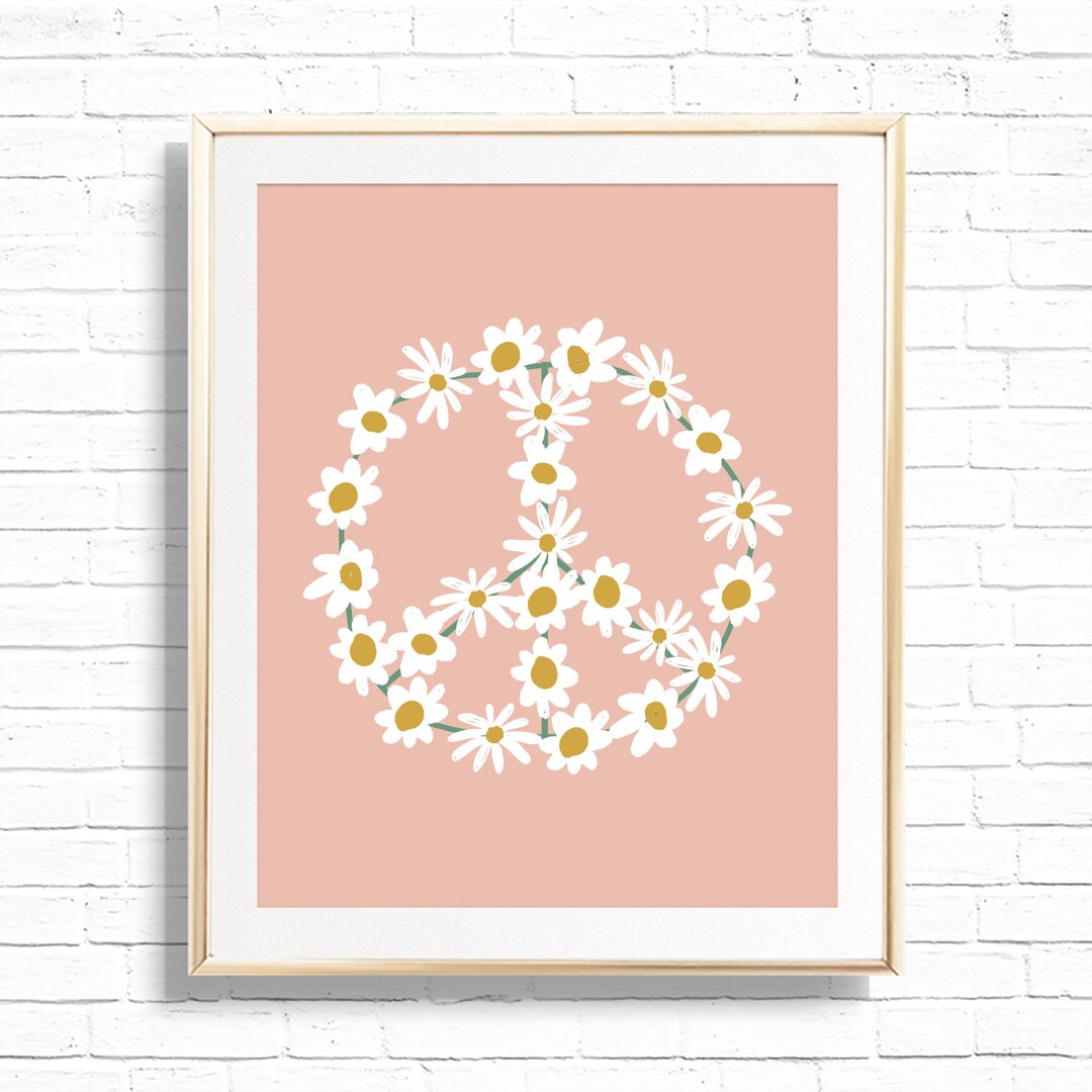 Pink Boho Daisy Peace Sign Art Print - Printable 8x10 Floral Daisies ...
