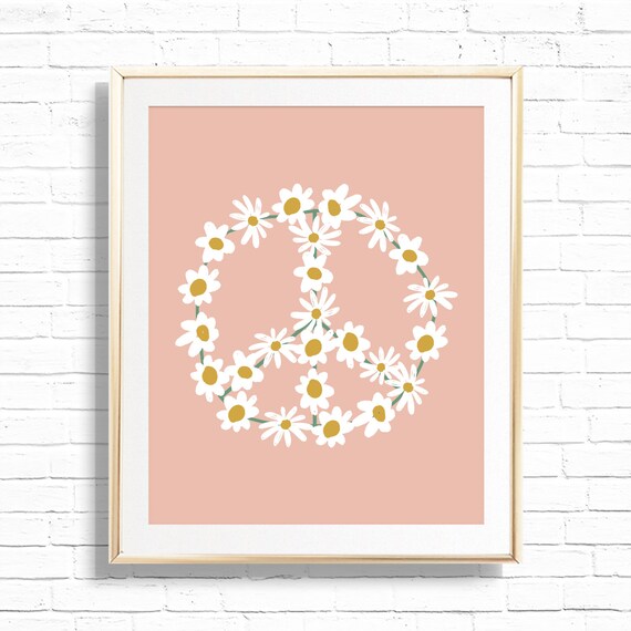 Pink Boho Daisy Peace Sign Art Print Printable 8x10 Floral | Etsy