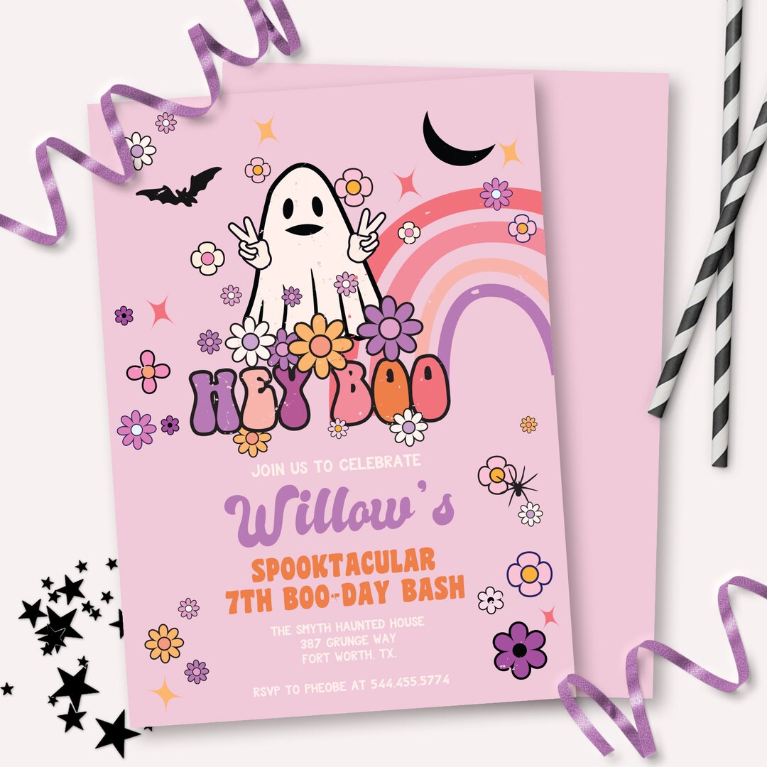 Hey Boo Invitation - Printable Retro Hey Boo Girly Cute Ghost First ...