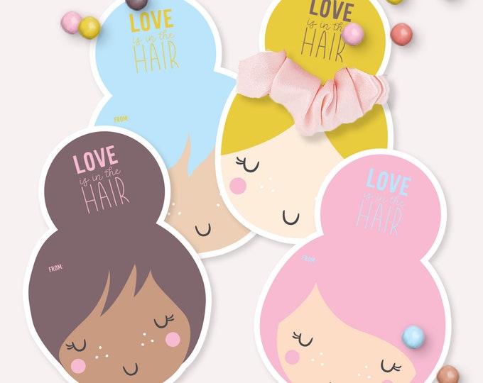 Scrunchie Valentine's Cards Printable Girls Hair Tie Love is in the ...