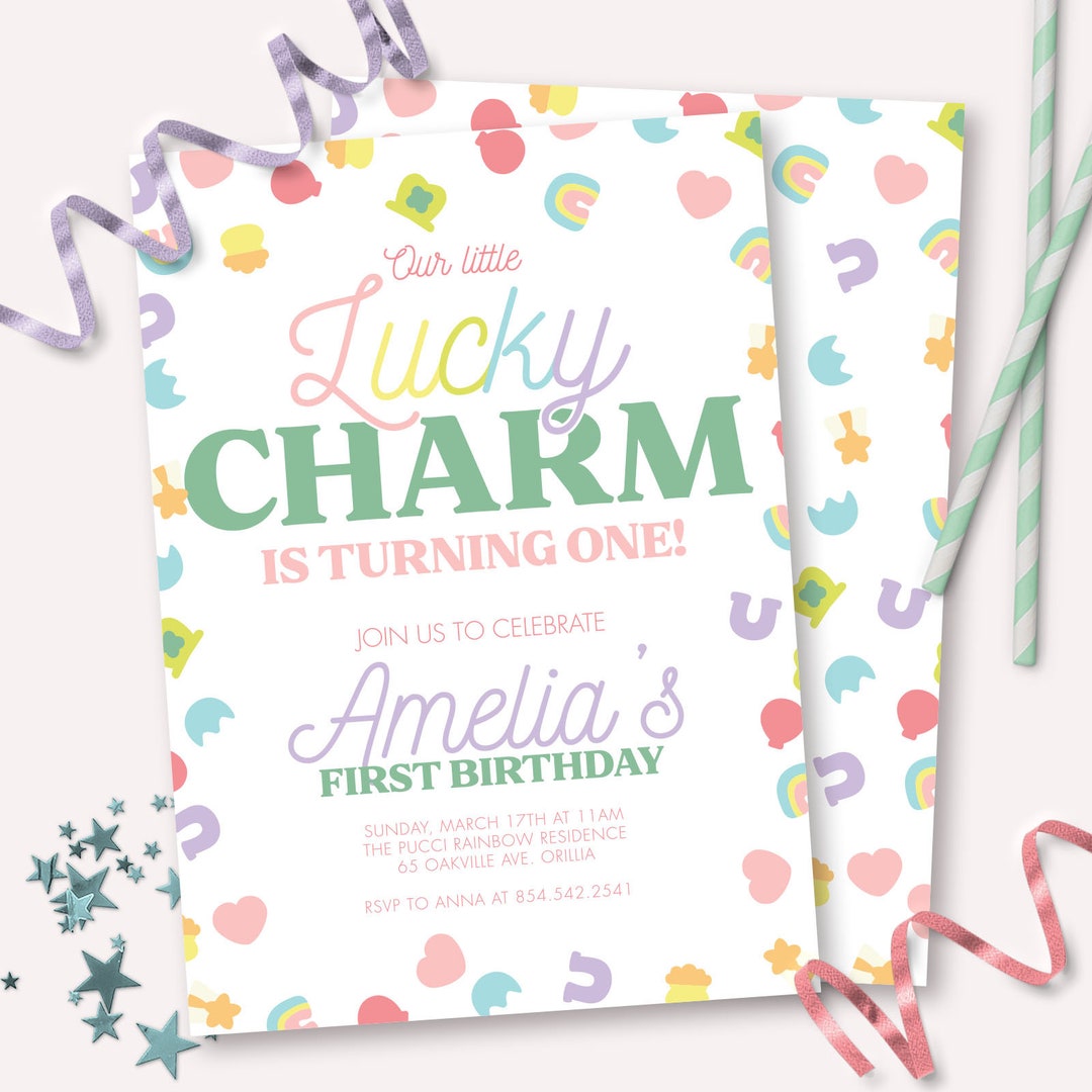 Lucky Charm Invitation - Printable Rainbow Marshmallow 1st Birthday ...