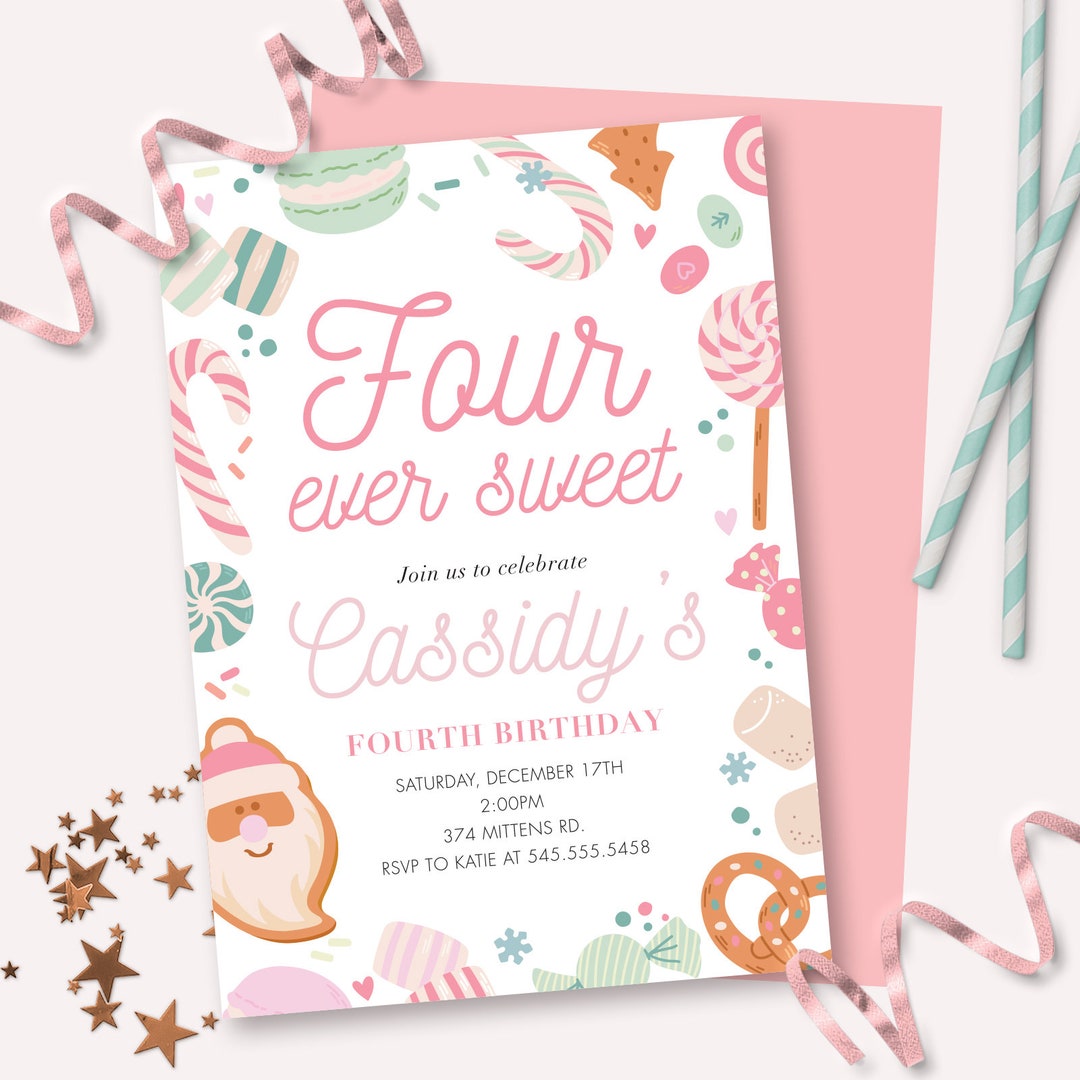 Four Ever Sweet Invitation - Printable Pink Christmas Cookie 4th ...