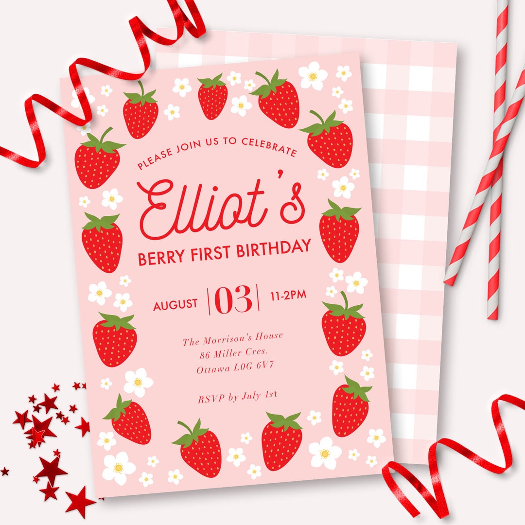 Strawberry First Birthday Invitation - Printable Berry Daisy Birthday ...