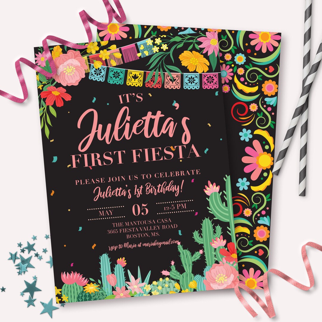 Fiesta Birthday Invitation - Printable First Fiesta Dark Chalkboard Birthday Party Invite ...