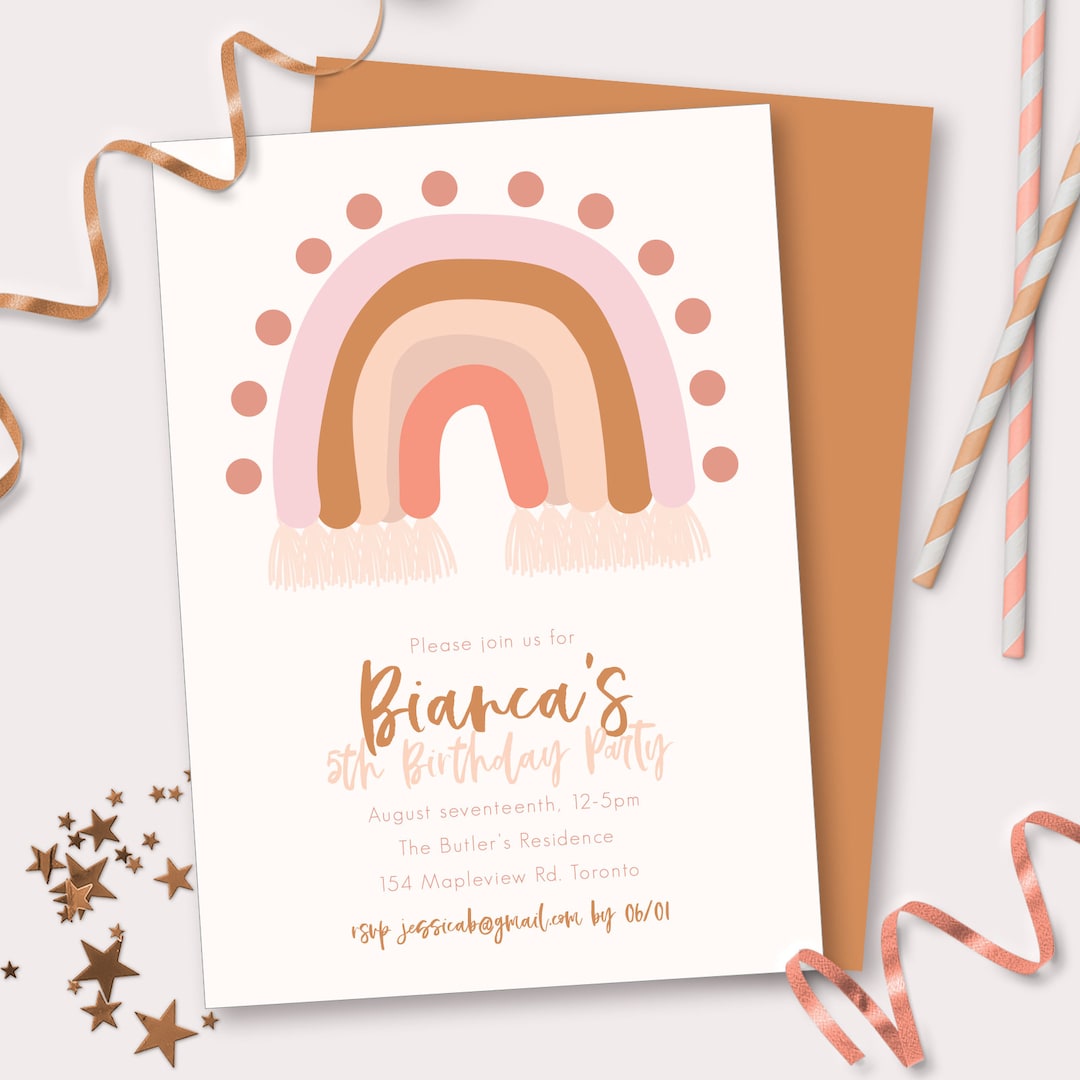 Boho Rainbow Themed Birthday Party Invitation - Printable Neutral ...