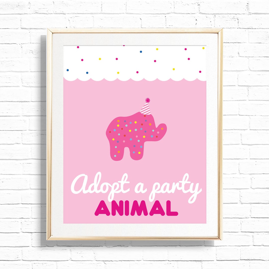 Adopt A Party Animal Sign - Printable Bright Pink Frosted Animal Cookie ...
