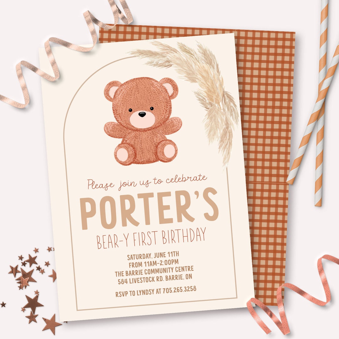 Bear Birthday Invitation - Printable Boho Teddy Bear-y First Picnic ...