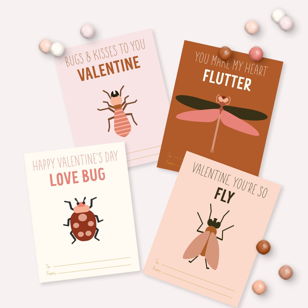 Valentine's Day Love Bug Cards - Printable Insects Classroom Valentines ...