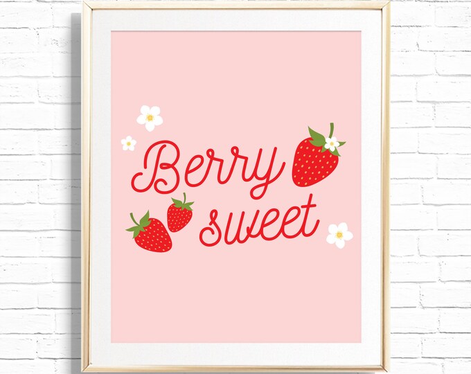Strawberry Art Print Printable Pink Berry Sweet Strawberry Birthday ...
