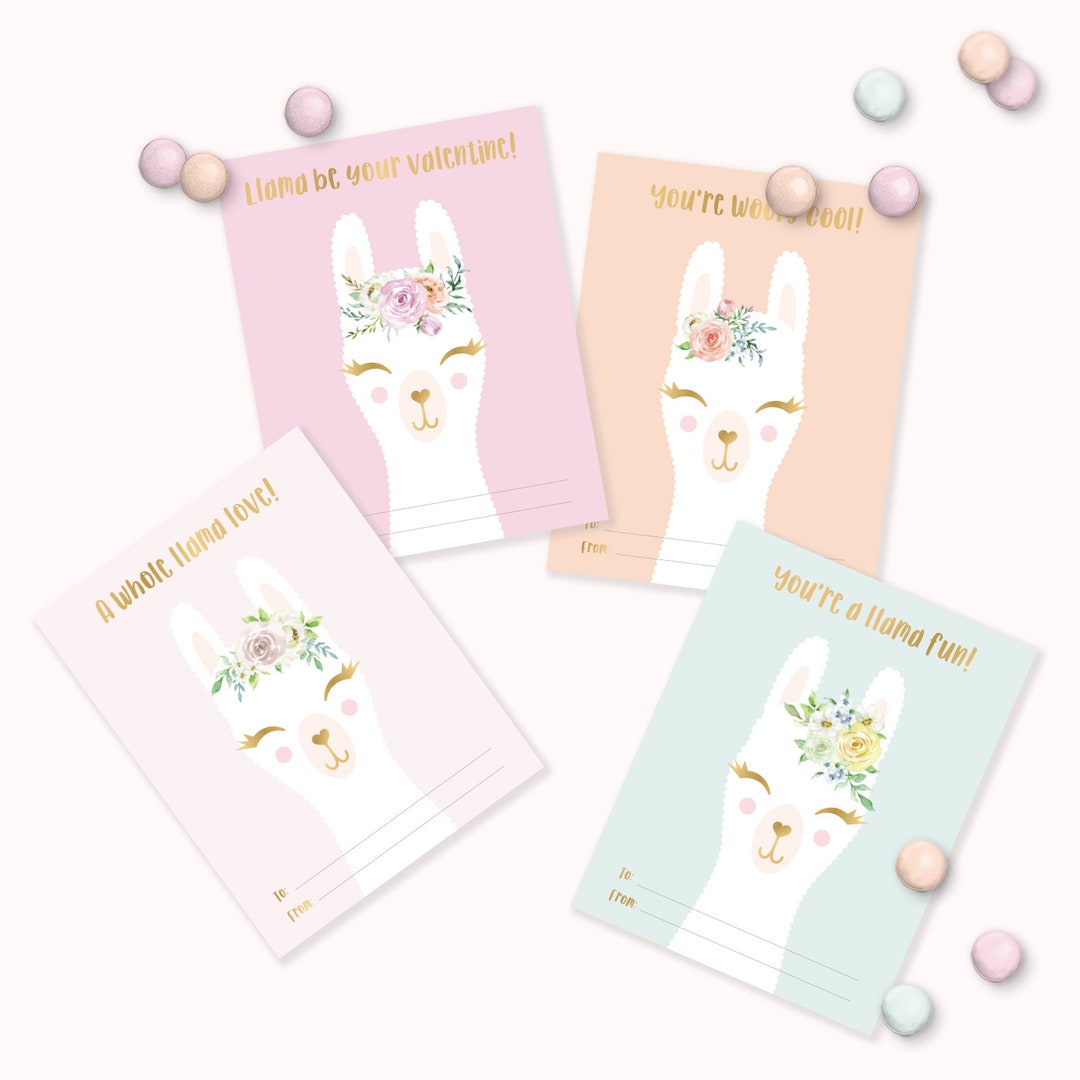 Llama Valentines Day Cards - Printable Pastel & Floral Llama Kids ...