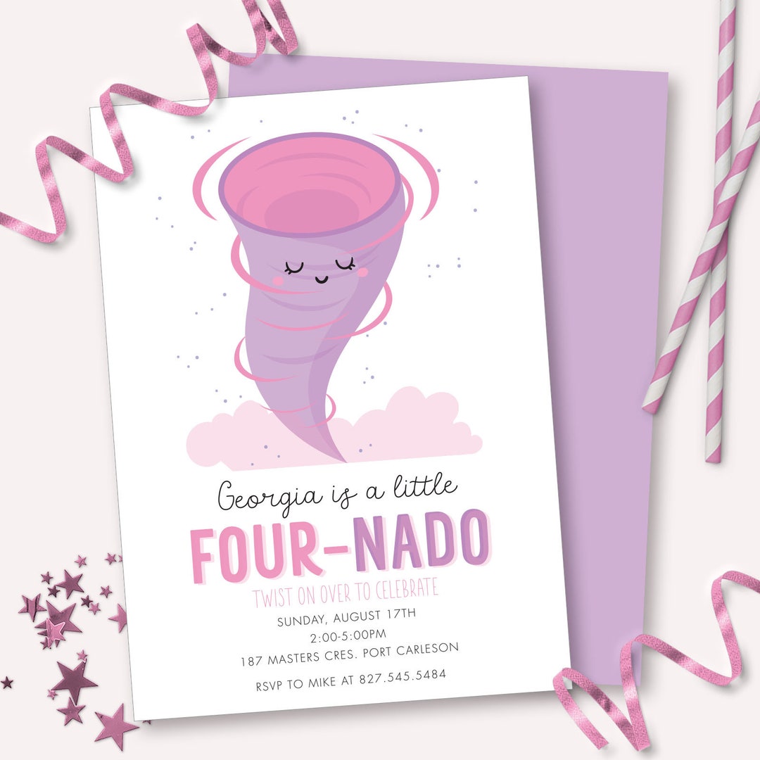 Four-nado Invitation - Printable Pink & Purple Tornado Weather Birthday ...