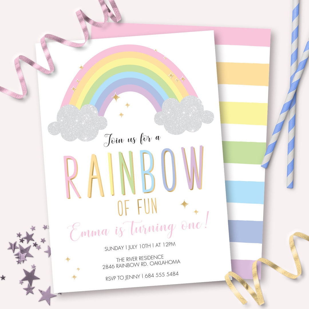 Pastel Rainbow Themed Birthday Party Invitation - Printable Rainbow of ...