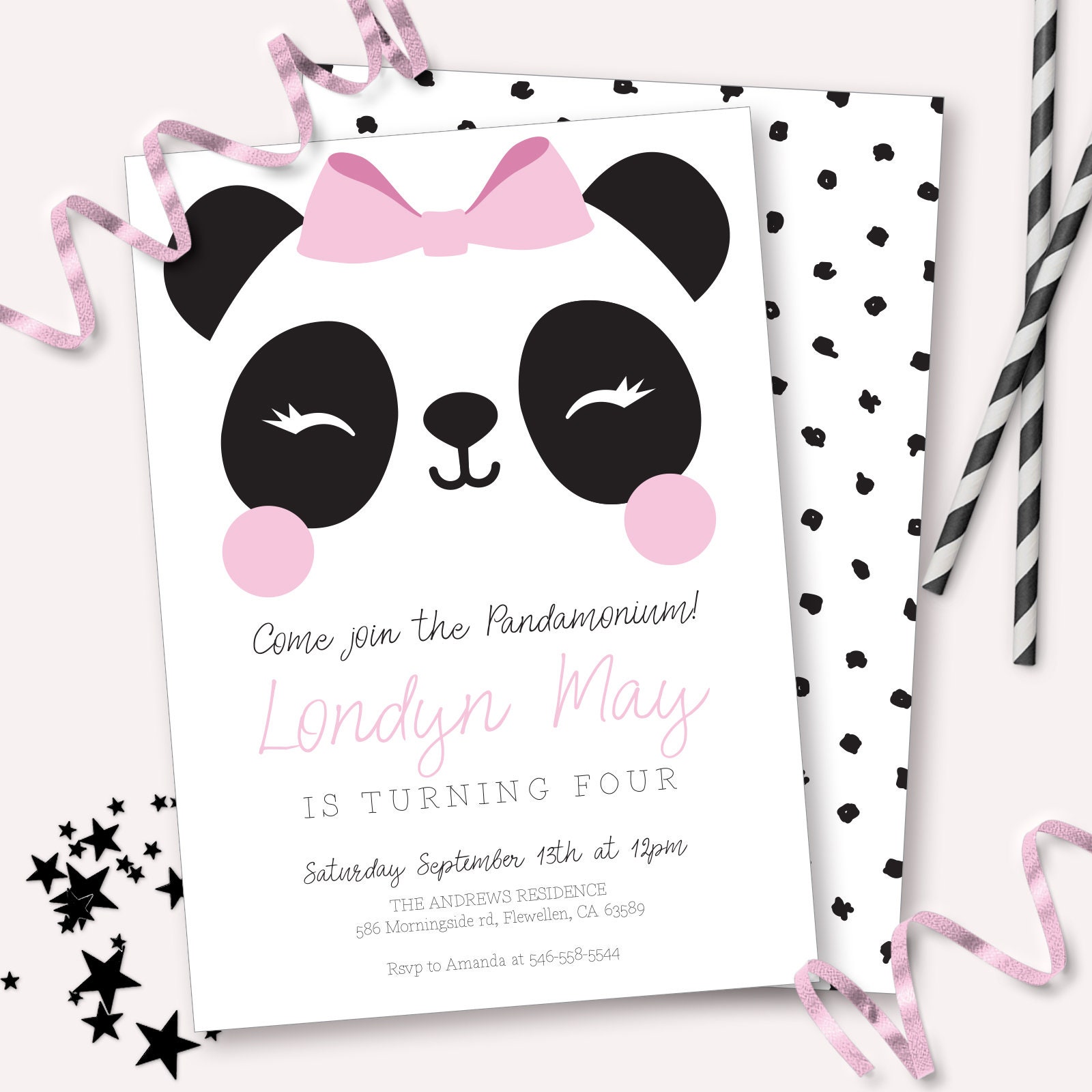 Panda Bear Themed Birthday Party Invitation - Printable Cute Pink ...