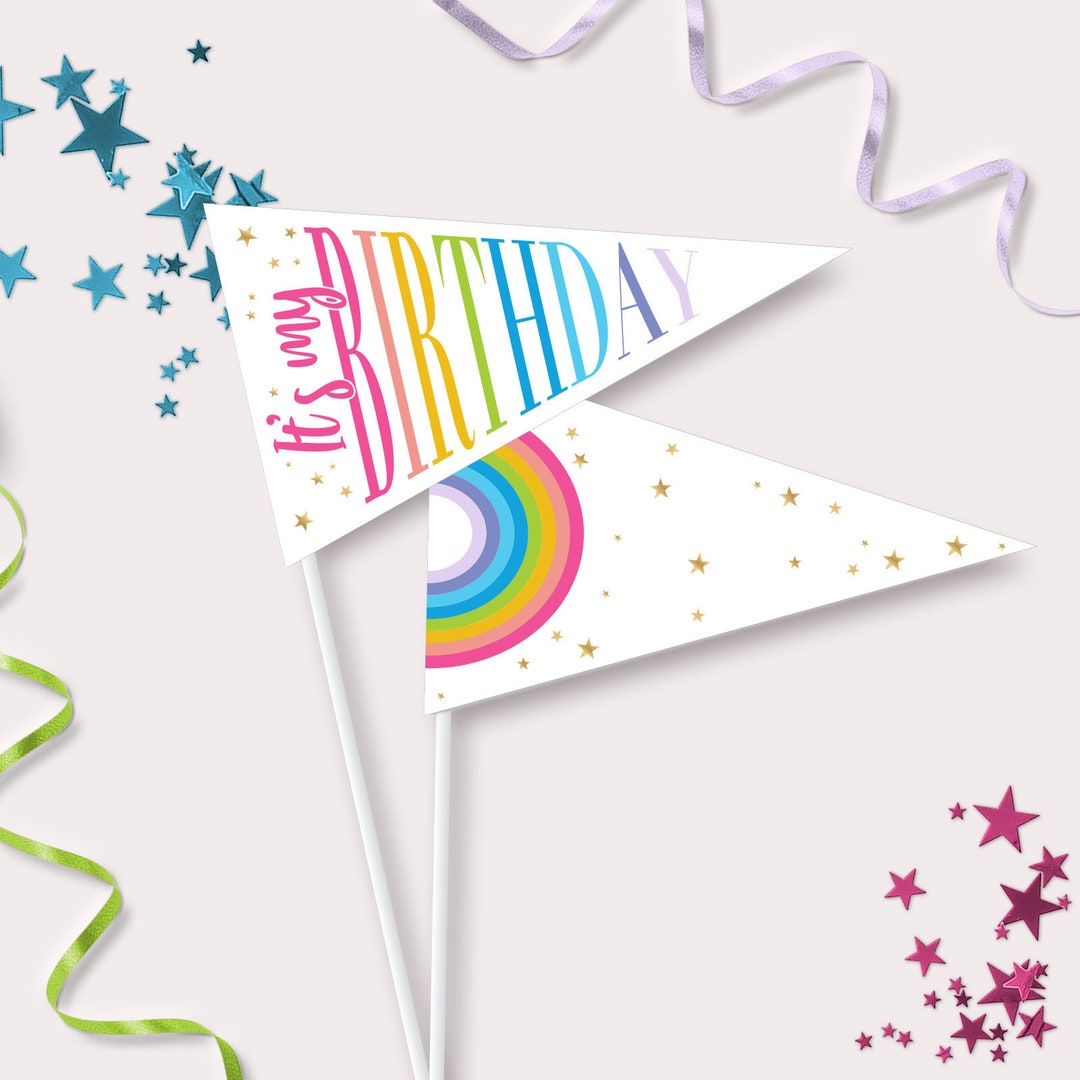 Rainbow Pennant Flags - Printable Bright Rainbow It's My 1st Birthday ...