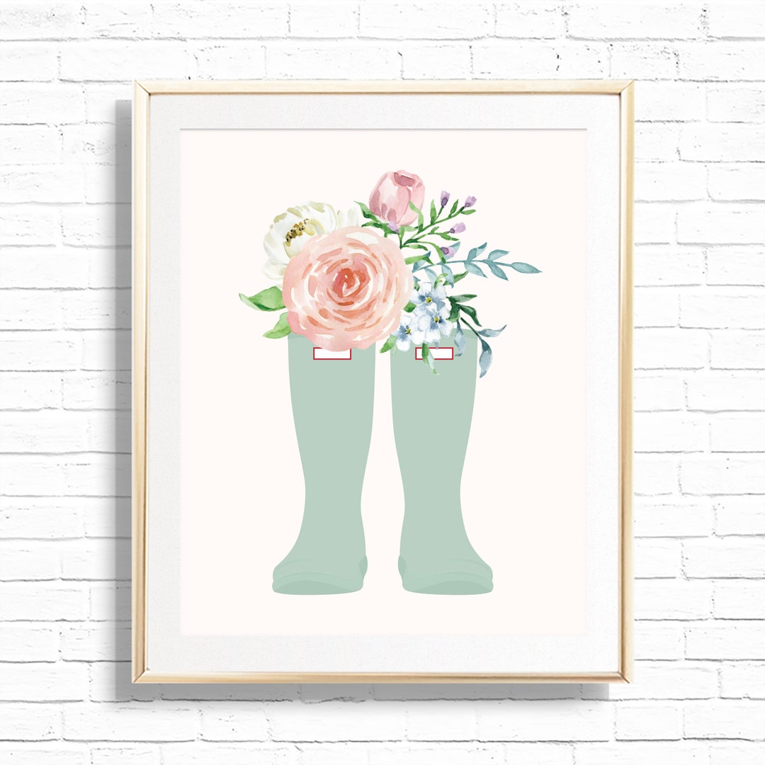 Florals in Mint Wellies Art Print - Printable Floral Rain Boots 8x10 ...