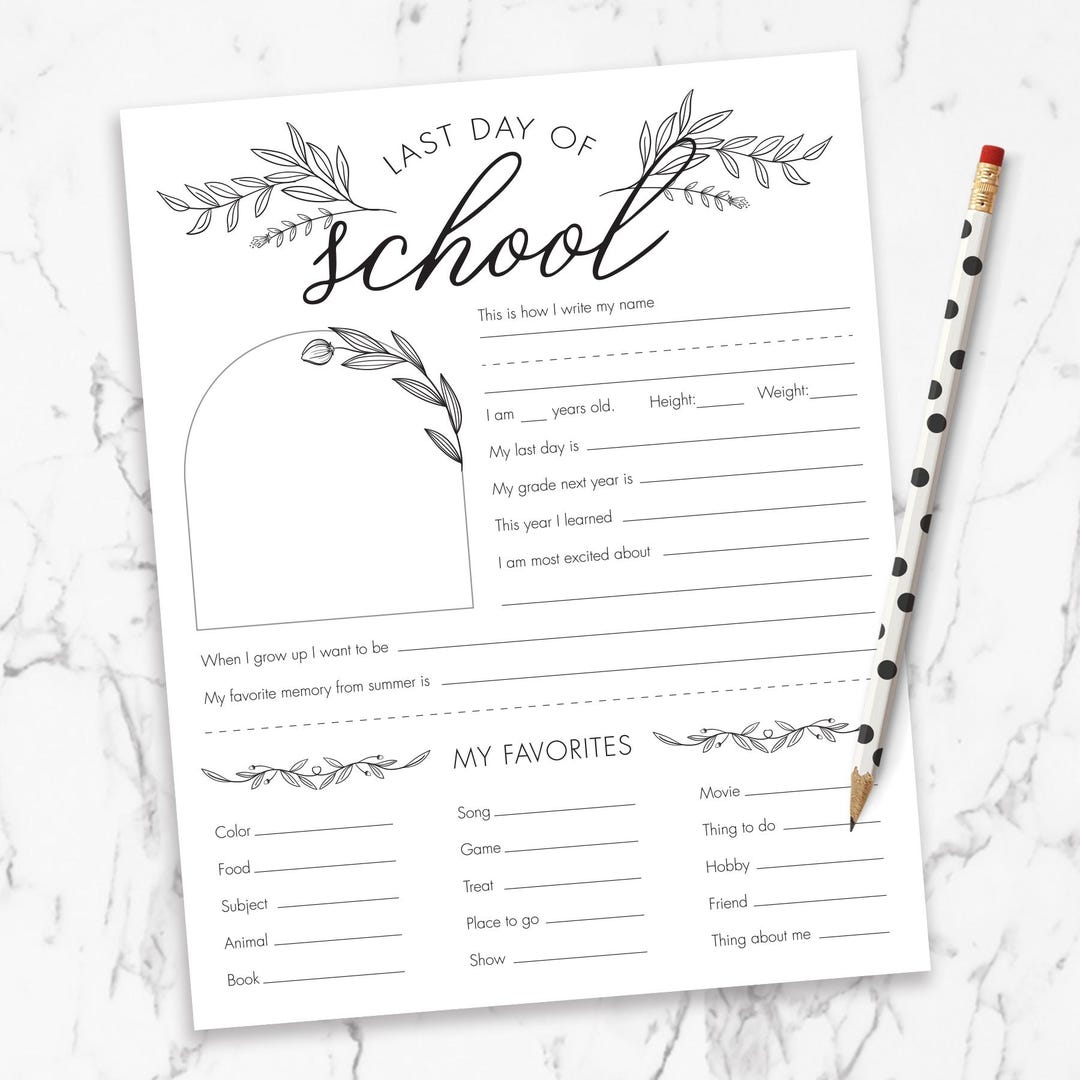 End of School Questionnaire - Printable My Last Day of School Questions ...