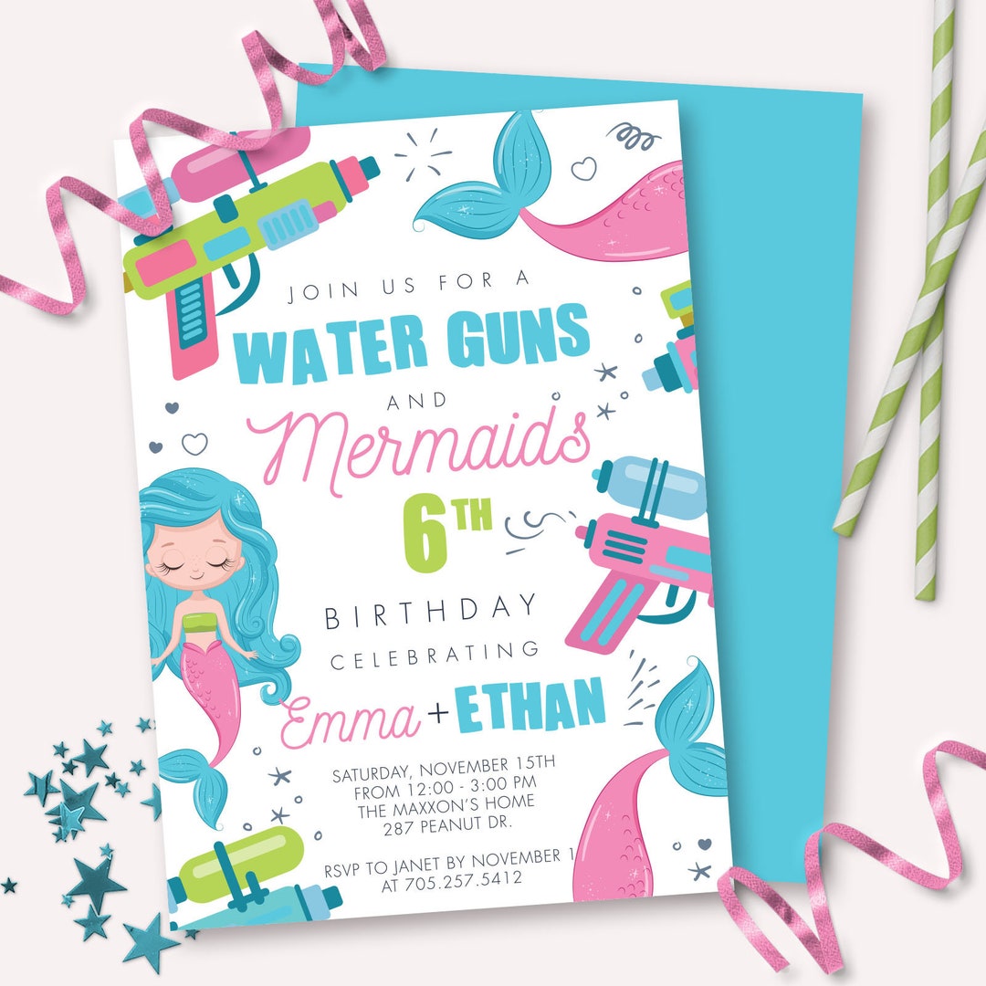 Water Guns and Mermaid Invitation - Printable Joint Siblings Twins ...
