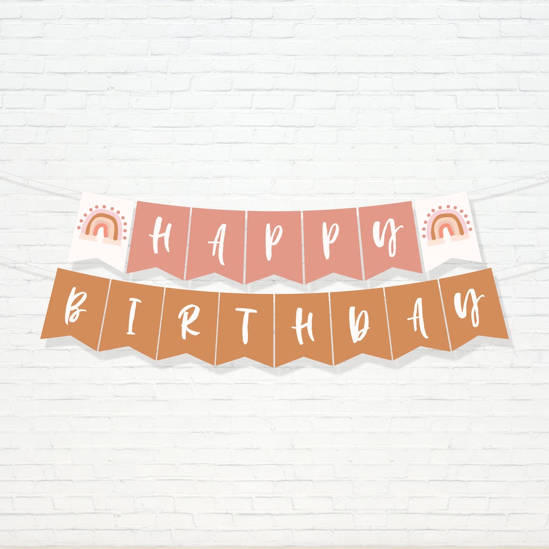 Boho Rainbow Happy Birthday Party Banner - Printable Bohemian Rainbow ...