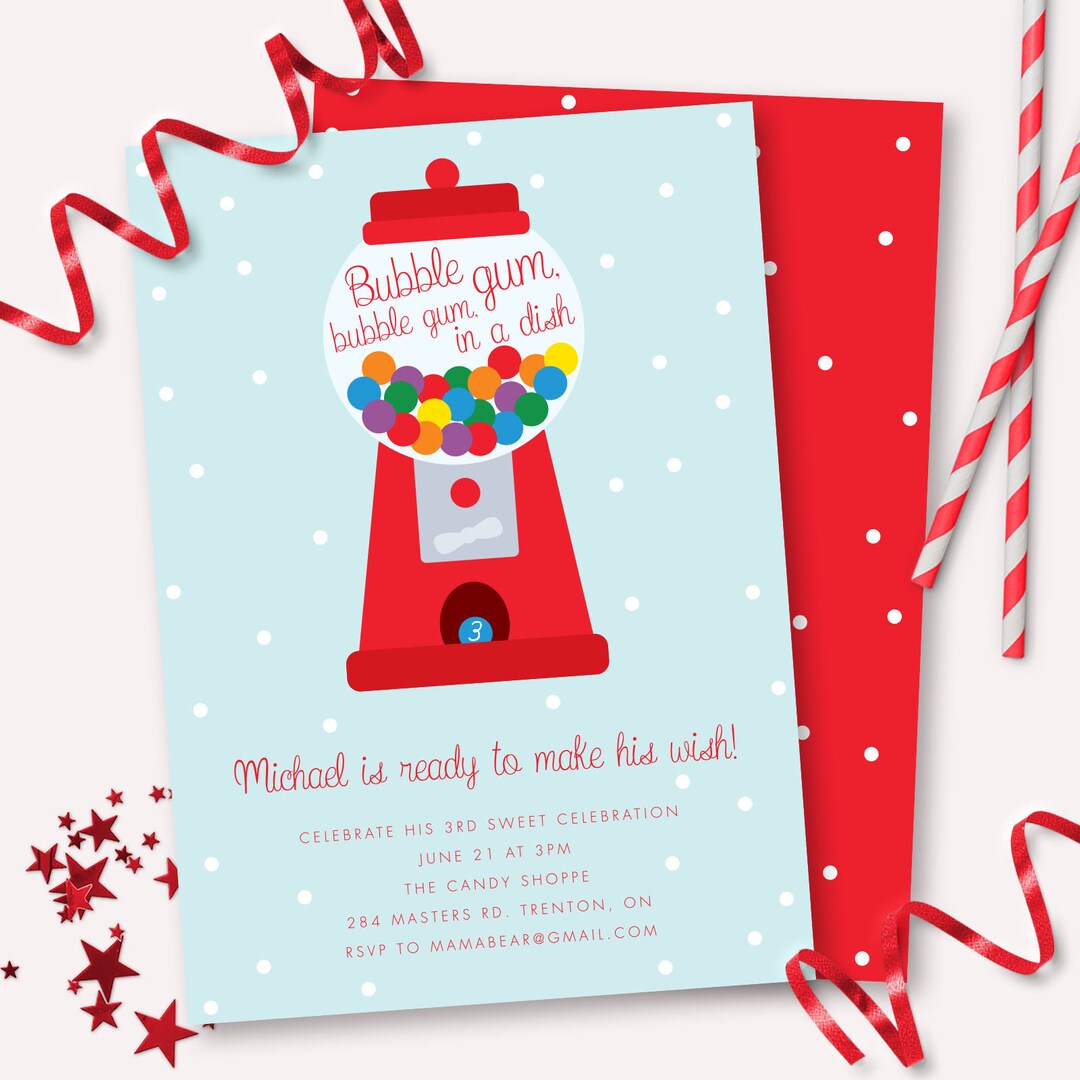 Gum Ball Machine Invitation - Printable Classic Bubble Gum Themed ...