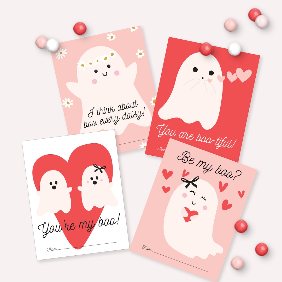 Ghost Valentine's Day Cards - Printable Cute You're My Boo Ghost Kids ...