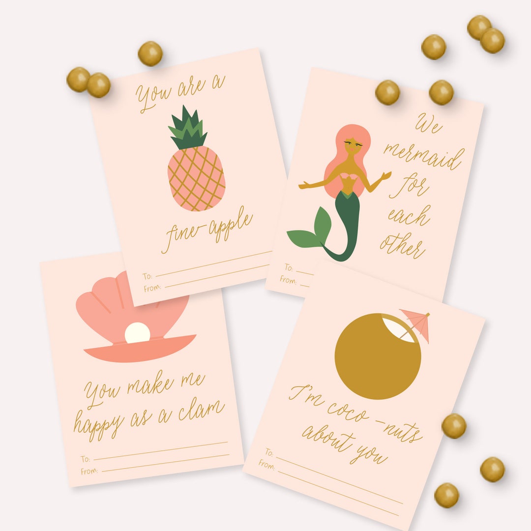 Valentine's Day Tropical Cards - Printable Coconut, Clam, Mermaid ...