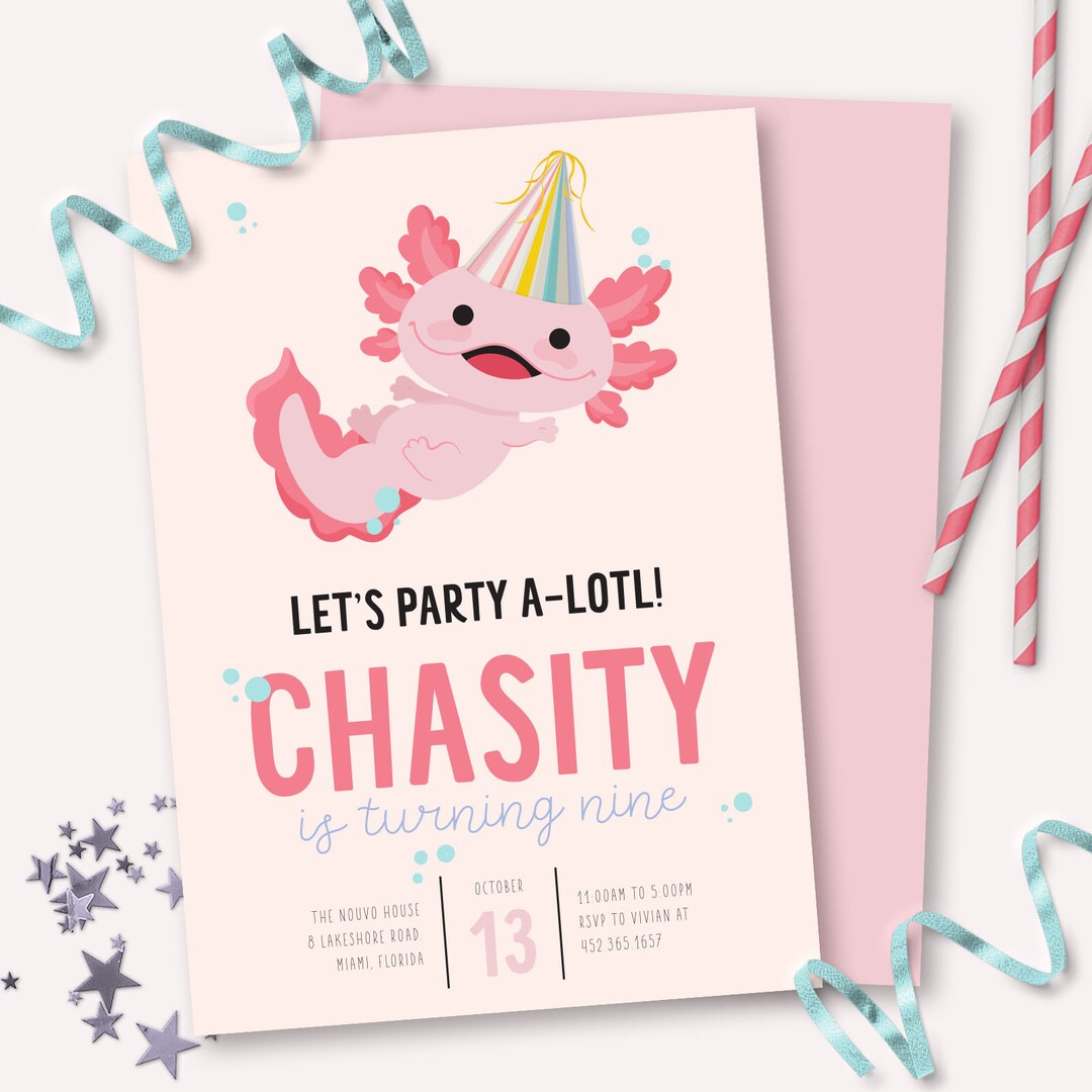 Axolotl Birthday Invitation Printable Cute Pink Axolotl Salamander ...