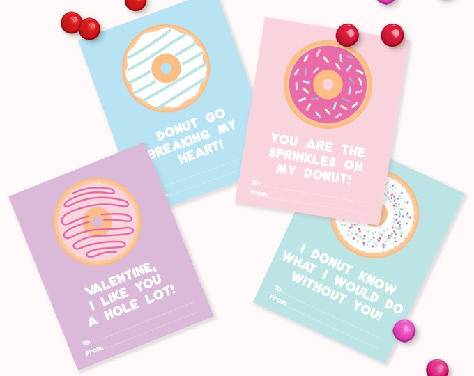PRINTABLE Cute Donut Valentine Cards - Set of 4 | Instant Download ...