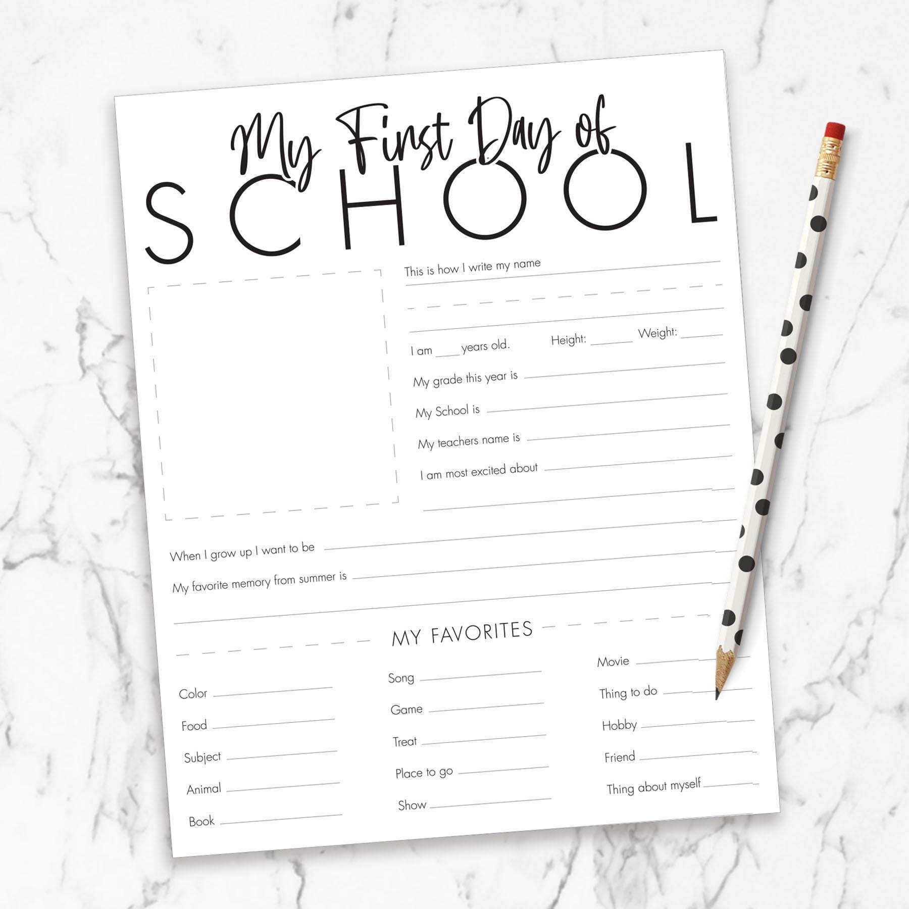 Back to School Questionnaire - Printable My First Day of School ...