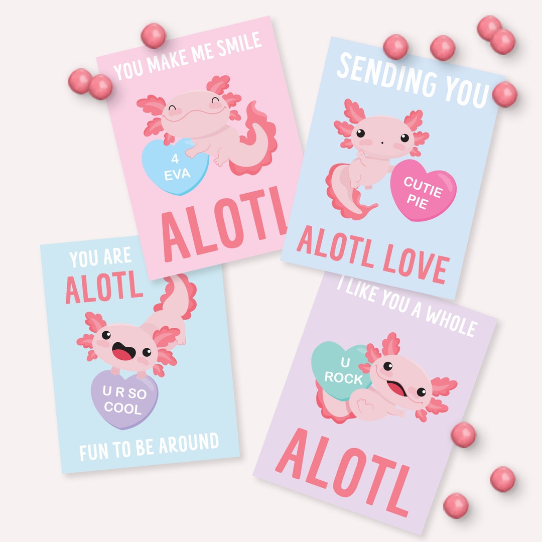 Axolotl Valentine Cards - Printable Cute Pink Axolotl Salamander ...
