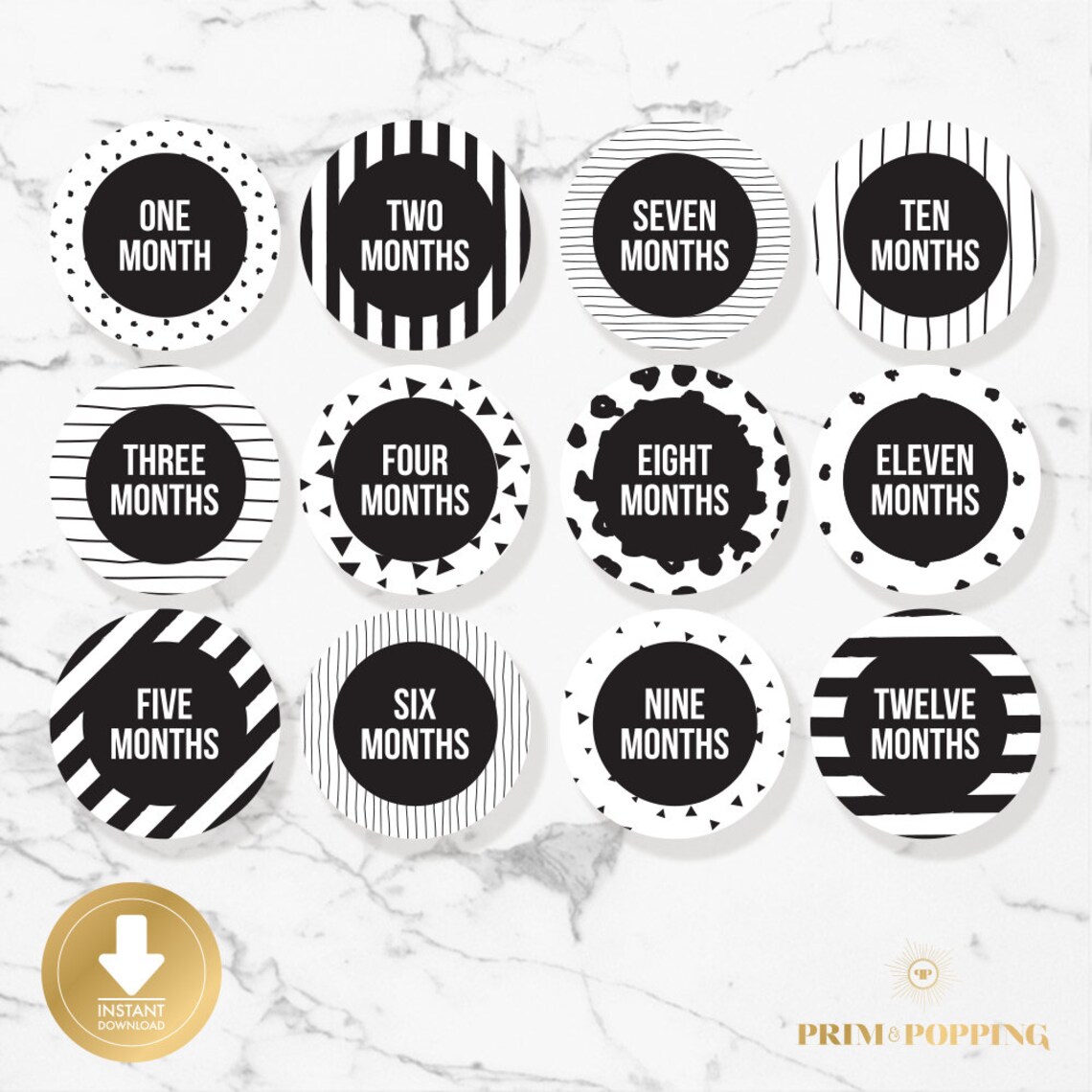 Modern Black and White Monthly Baby Stickers - Printable 1-12 Month ...