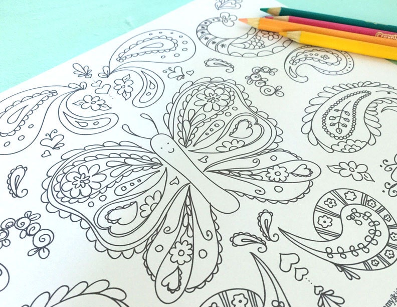 Printable PAISLEYS and BUTTERFLY Coloring Page Digital File Instant ...