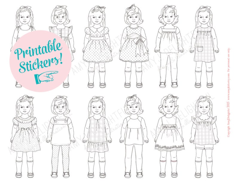 COLORABLE Printable Paper Doll STICKERS - Digital File- Instant ...