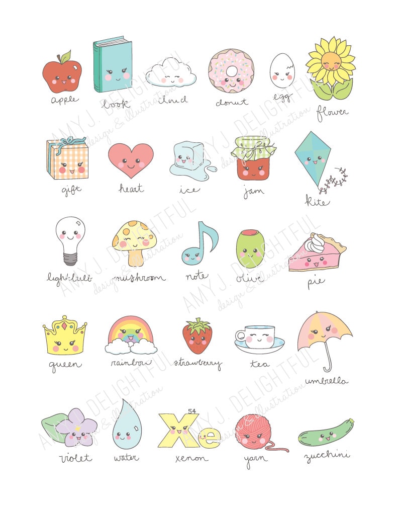Kawaii Cute Illustrated Alphabet Art Print- Digital File, Instant ...