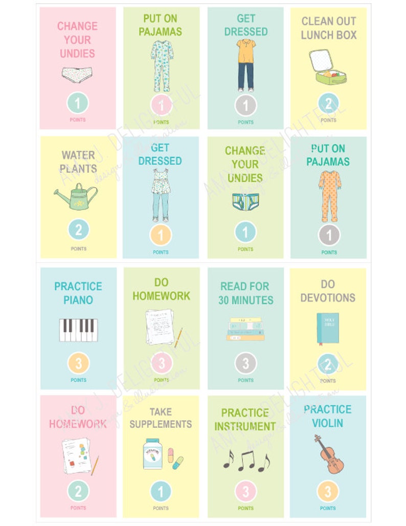 Children's Printable CHORE CARDS With POINTS- Digital File Instant ...