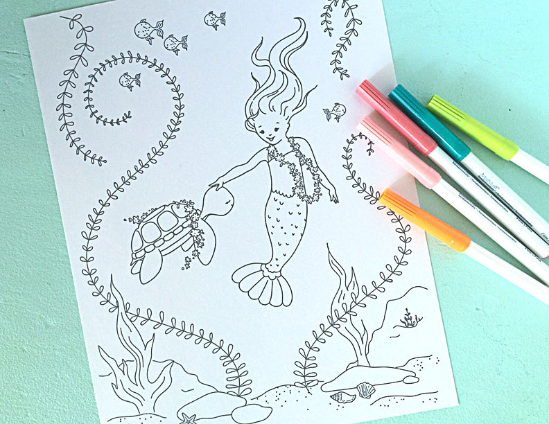 Printable MERMAID & SEA TURTLE Coloring Page- Digital File- Instant ...