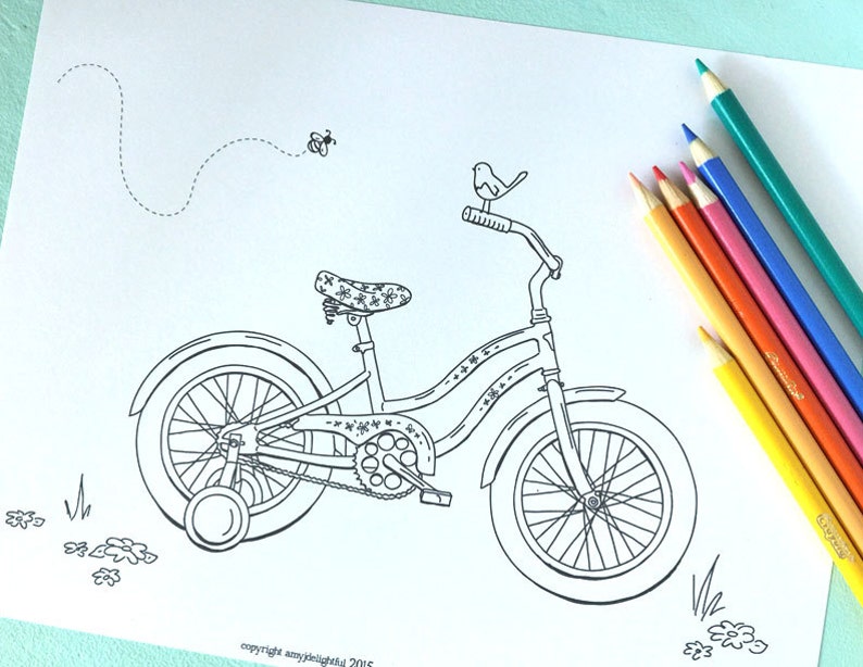 Printable Little Girl's BICYCLE Coloring Page- Digital File- Instant ...