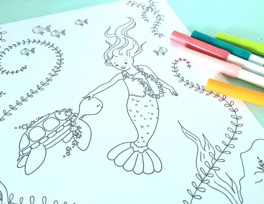 Printable MERMAID & SEA TURTLE Coloring Page- Digital File- Instant ...