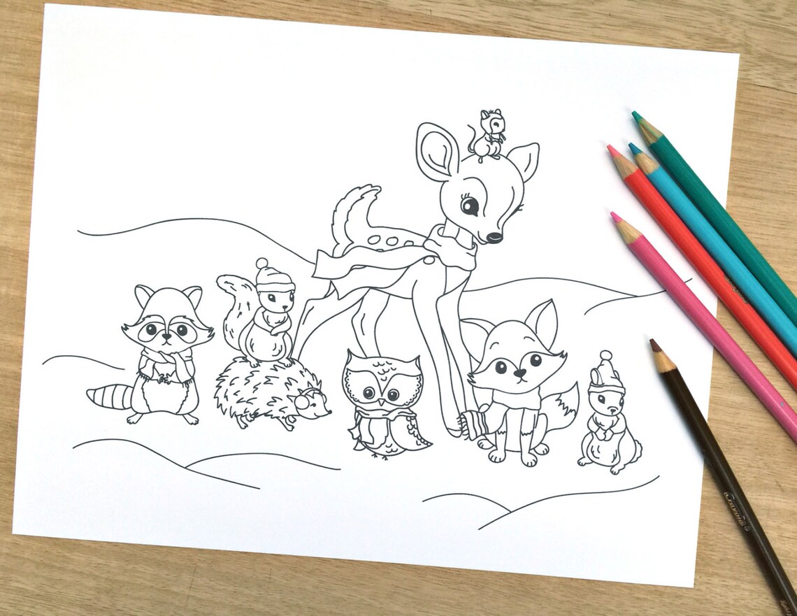 Printable WINTER CRITTERS Coloring Page Digital File Instant Download ...