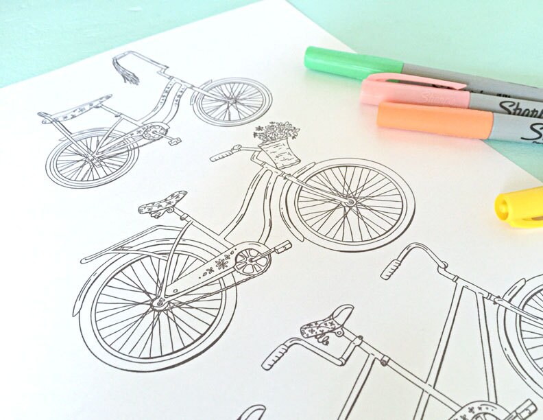 Printable BICYCLES Coloring Page- Digital File- Instant Download Banana ...