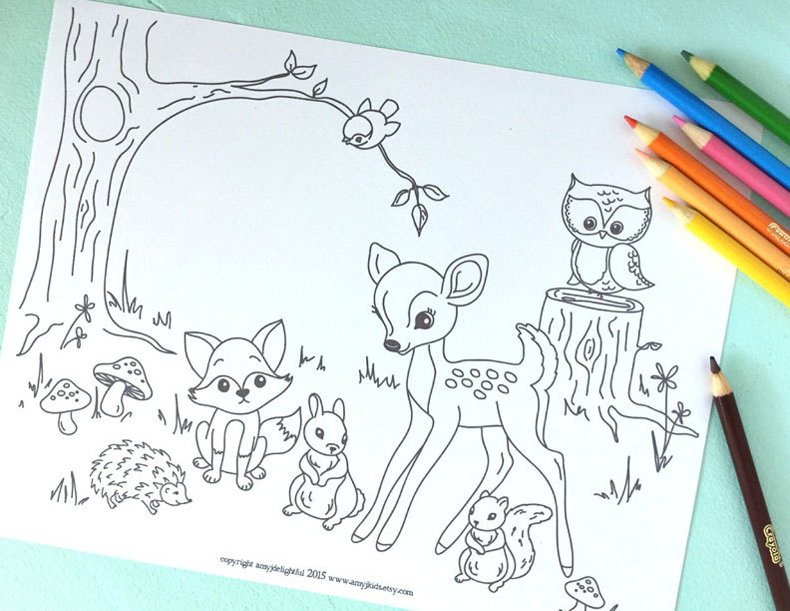 Printable WOODLAND CRITTERS Coloring Page- Digital File- Instant ...