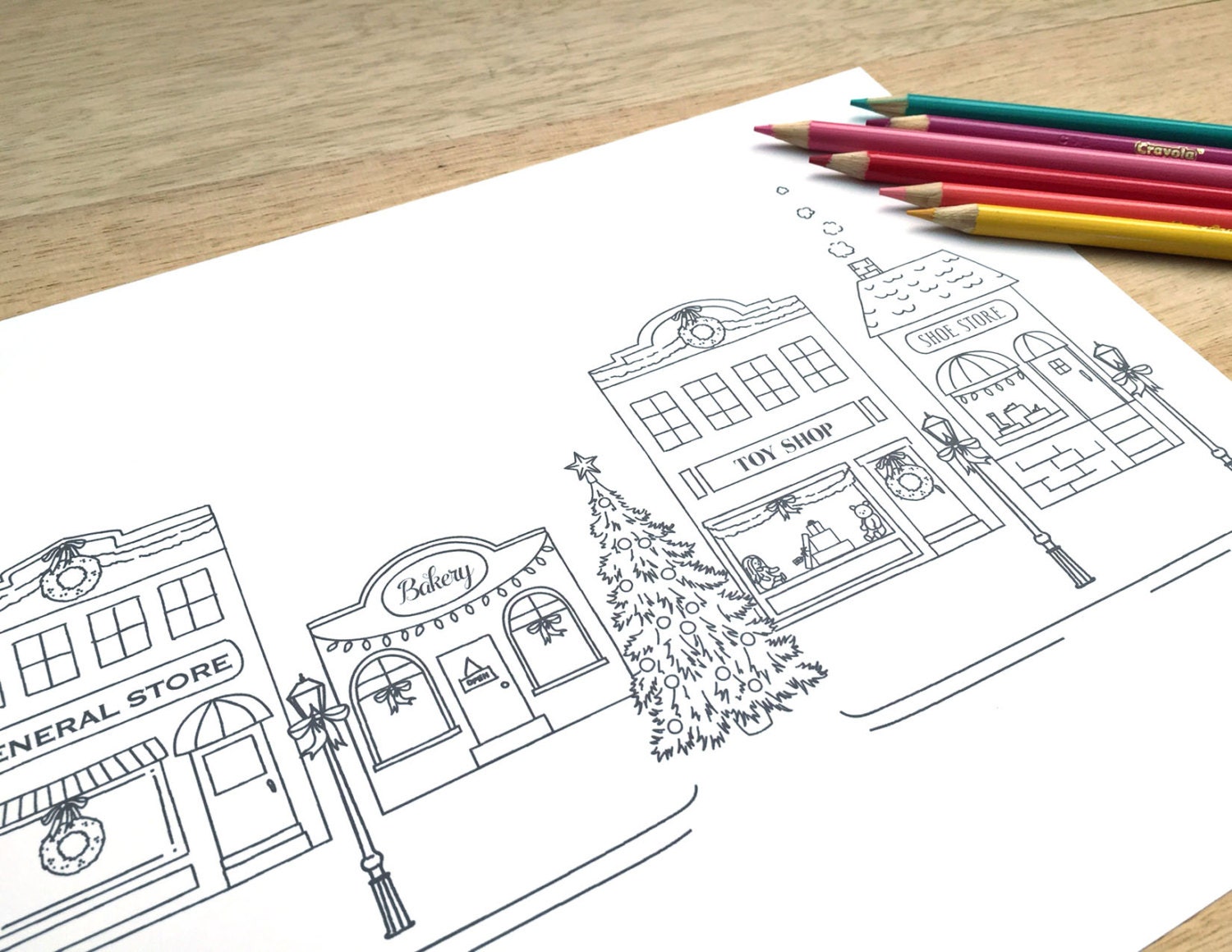 Printable CHRISTMAS on Main Street TOWN Coloring Page- Digital File ...
