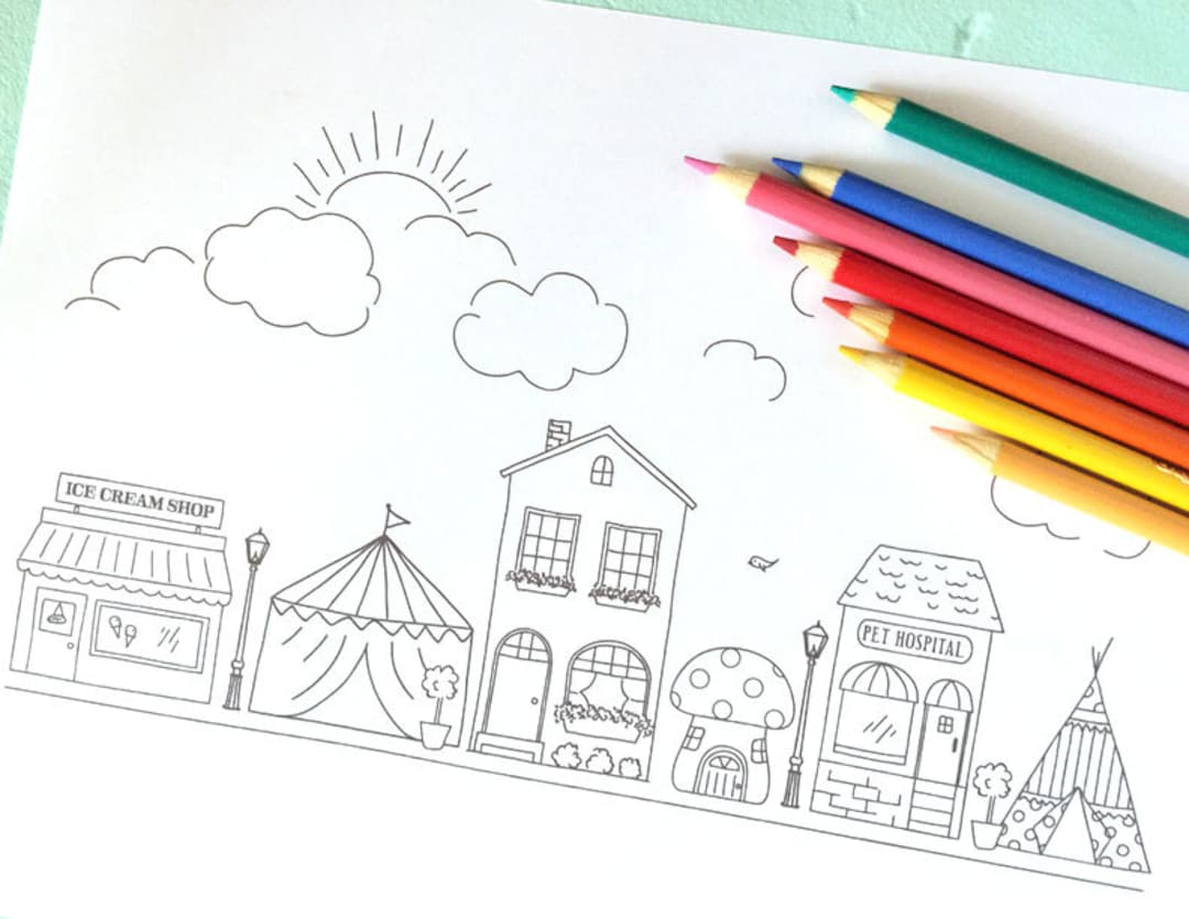 Printable Imaginary TOWN Coloring Page- Digital File- Instant Download ...