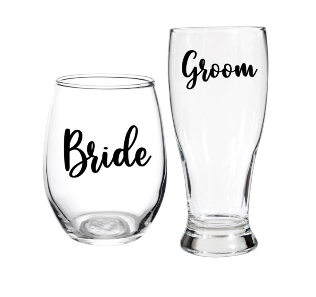 Bride and Groom Glass Set, Bride, Groom, Gift, Wine Glass, Beer ...