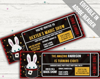 Magic Show Ticket Birthday Invitation, Magic Act Party Invitation Retro ...