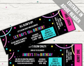 Neon Printable Personalized Digital Invitation,neon and Glow Ticket ...