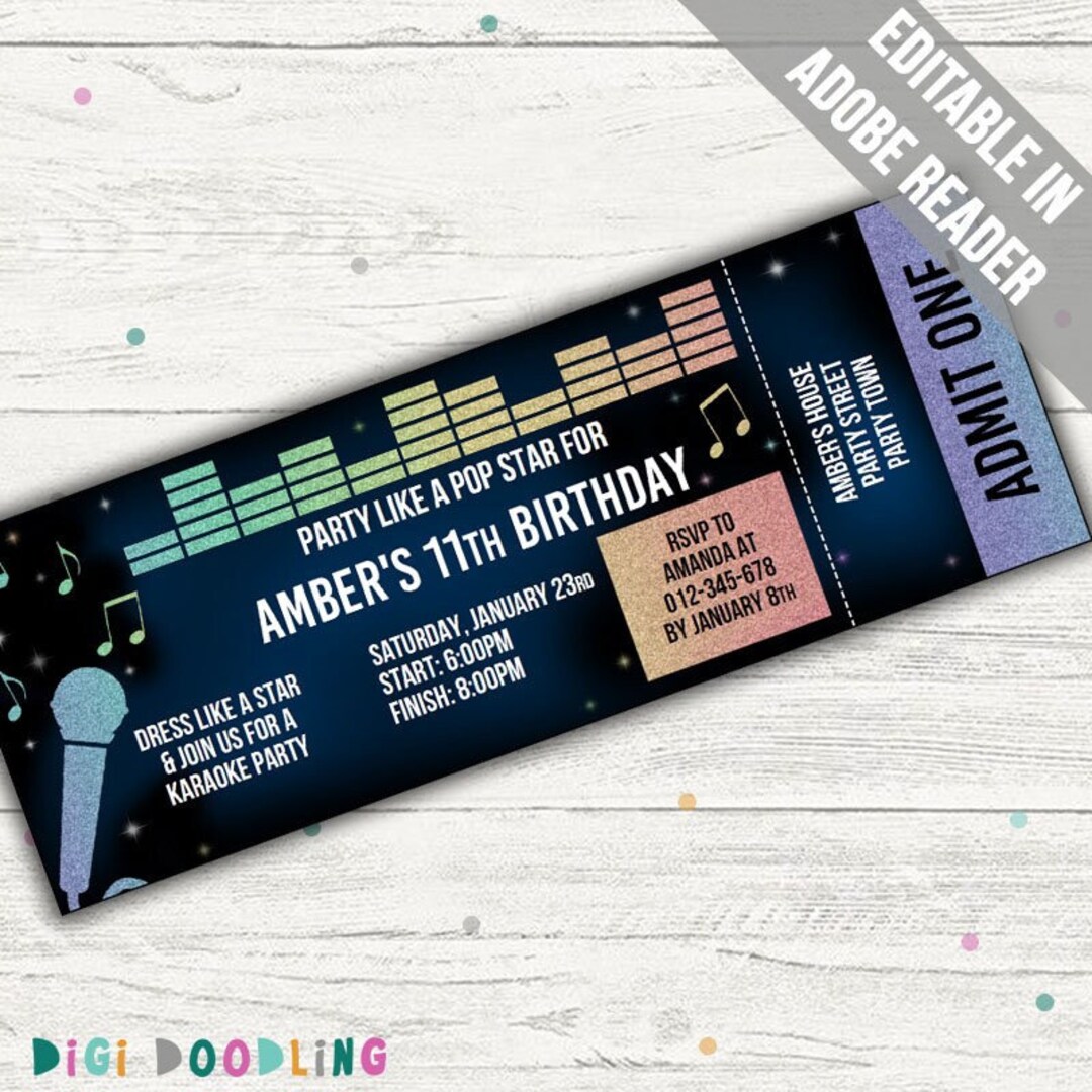 Pop Star Birthday Invitation. Pop Star Party Invites. Karaoke Birthday ...